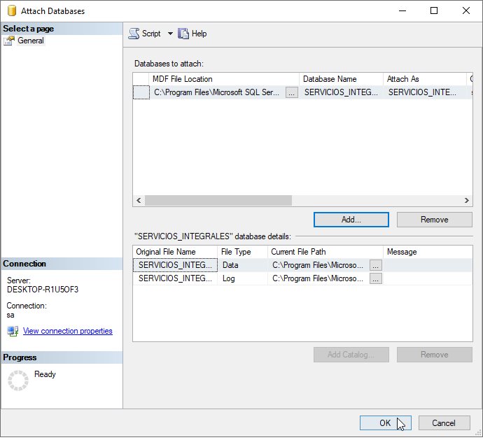 Adjuntar bases de datos.