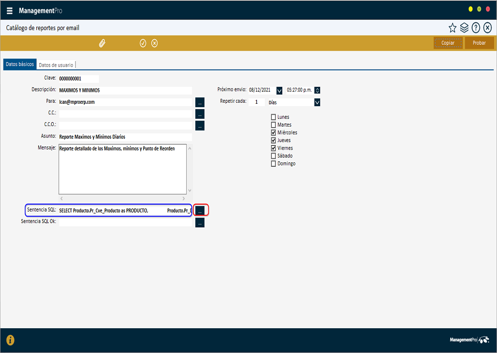 Envío Automatico de Reporte Máximos, Minimos, Punto de Re-orden