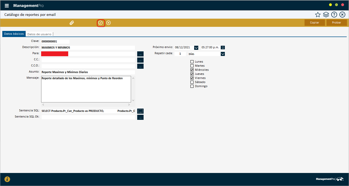 Envío Automatico de Reporte Máximos, Minimos, Punto de Re-orden