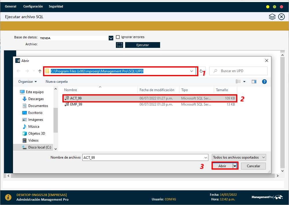 Manual para ejecutar archivo ACT_99.SQL