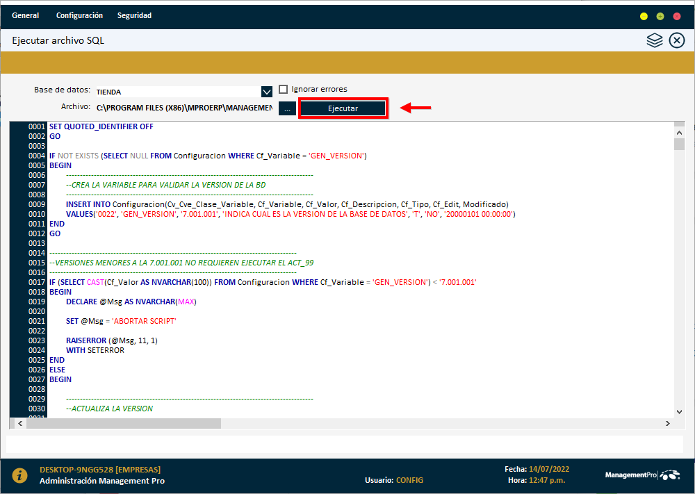 Manual para ejecutar archivo ACT_99.SQL